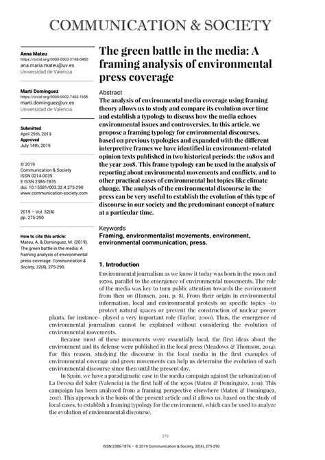 Pdf The Green Battle In The Media A Framing Analysis Of
