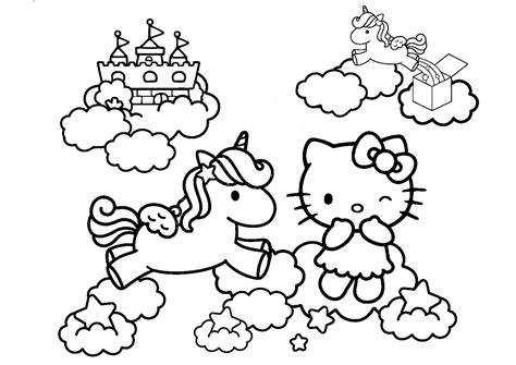 Hello Kitty And A Pretty Unicorn In The Sky Hello Kitty Coloring Pages