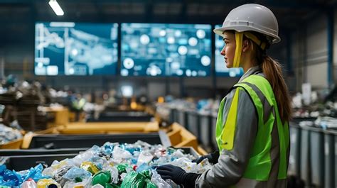Worker Observing Recycling Process And Data Analysis In A Modern Waste Management Facility