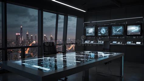A Futuristic Workspace With A Large Touchscreen Table And Digital Documents Stock Illustration