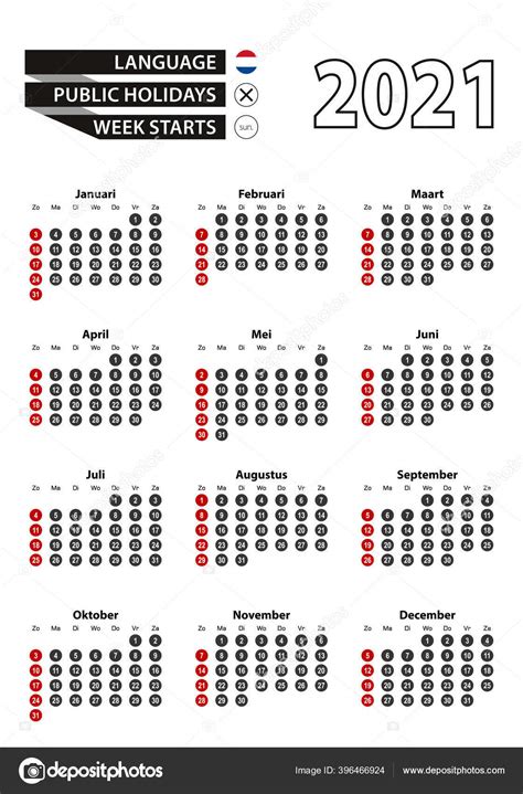 Calendario Holandés 2021 Con Números Círculos Semana Comienza Domingo