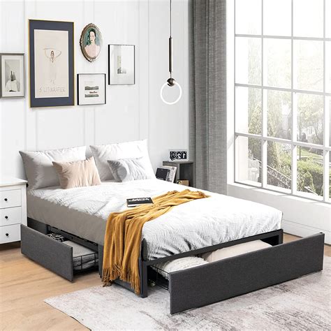 Komfott Full Size Bed Frame With 3 Drawers Fabric Upholstered Platform