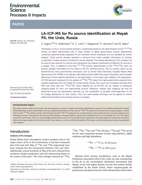 Pdf La Icp Ms For Pu Source Identification At Mayak Pa The Urals