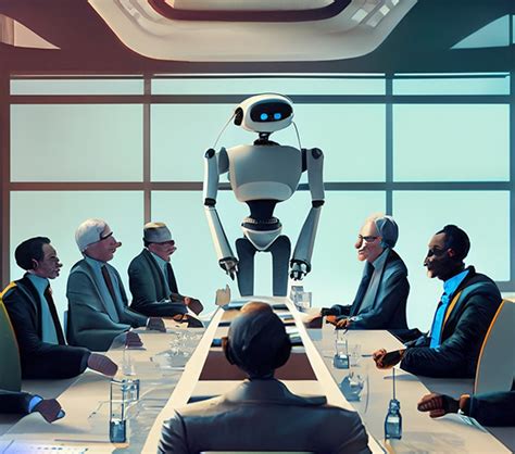 Firefly Modernistic Sci Fi Robot Leading A Discussion At The Head Of A Conference Table With