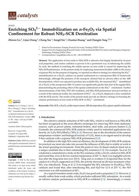 Pdf Enriching So42− Immobilization On α Fe2o3 Via Spatial Confinement For Robust Nh3 Scr