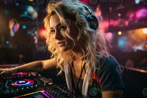 Beautiful Girl Dj Playing Music At Party With Colorful Lights On