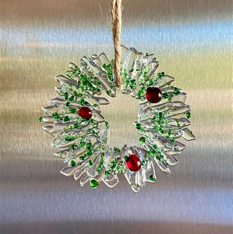 Fused Glass Christmas Wreath Ornament Clear Glass With Red Berries