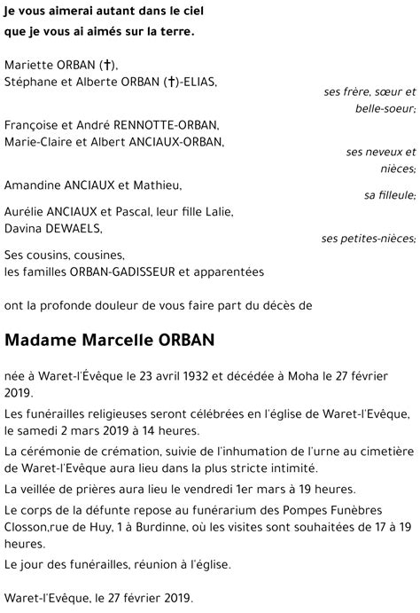 Avis De Décès De Marcelle Orban Décédé Le 27022019 à Moha Annonce