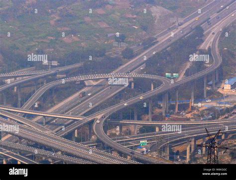 Aerial View Of A Five Level Overpass In The Downtown Area Of Chongqing