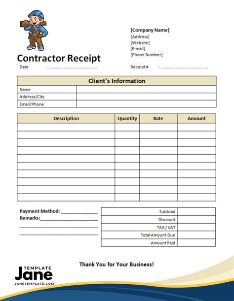 Printable Contractor Receipt Template