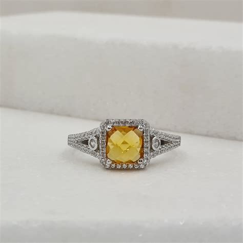 Cushion Cut Citrine Halo Ring Pars Silver