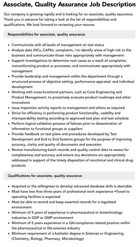 Associate Quality Assurance Job Description Velvet Jobs
