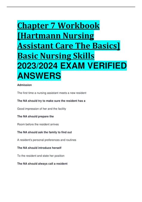 Chapter 7 Workbook Hartmann Nursing Assistant Care The Basics Basic