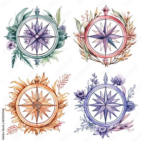 Set Of Four Watercolor Compass Illustrations With Floral Decorations