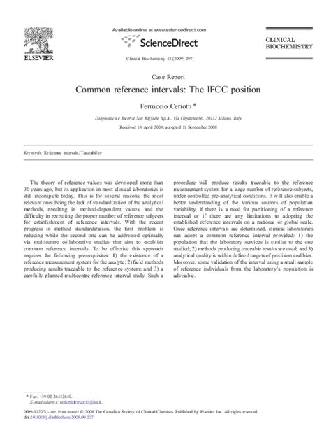 Pdf Common Reference Intervals The Ifcc Position
