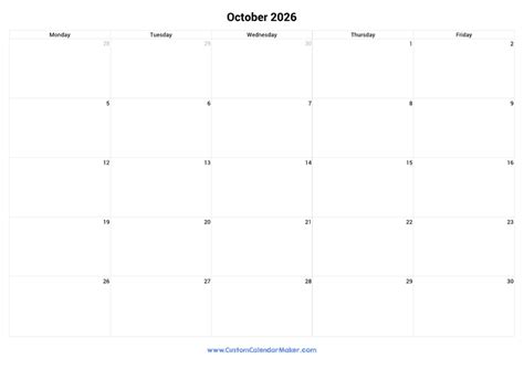 October 2026 Calendar Weekdays Only Monday To Friday Custom