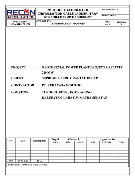 Method Statement Of Installation Cable Ladder Tray With Support Pdf