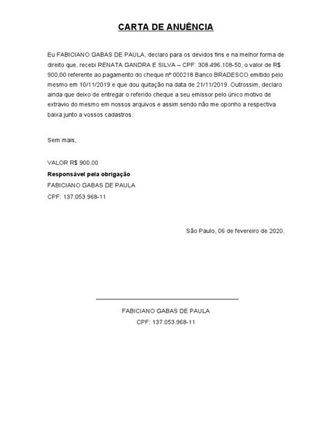 Carta De Anuência De Recebimento De Valor E Extravio De Cheque Pdf Carta De Anuência De Recebimento De Valor E Extravio De Cheque Pdf