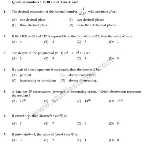 Cbse Class 10 Mathematics Question Paper Sa 1 2010 11