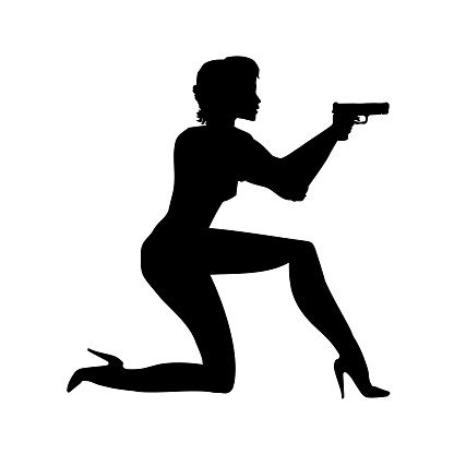 Silhouette Girl In An Action Movie Film Shootout Pose With A Gun Sit