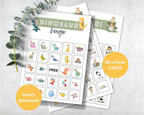 Dinosaur Bingo Game Colorful Dino Cards Birthday Party Activity