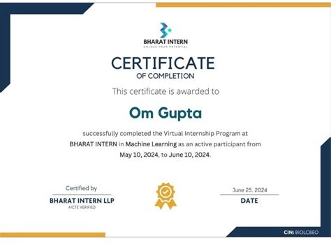 Completed My Internship In Machine Learning At Bharat Intern Om Gupta