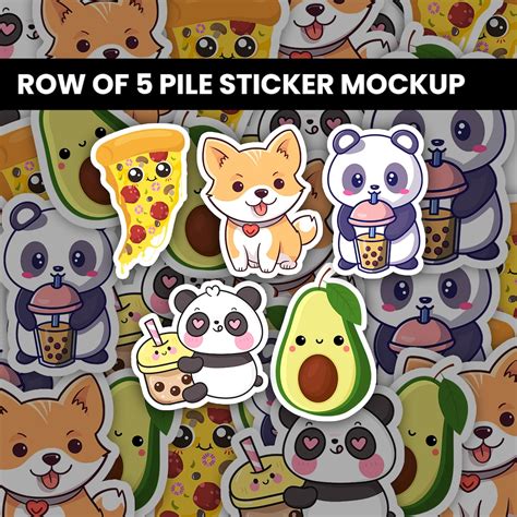 Row Of 5 Sticker Pile Mockup Sticker Mockup Multiple Decal Mockup