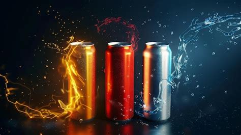 Three Soda Cans Emitting Flames Explosive Fizzy Drink Concept Premium Ai Generated Image