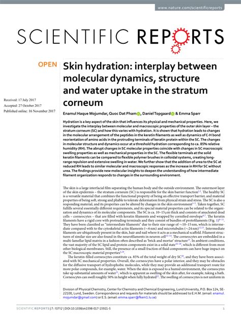 Pdf Skin Hydration Interplay Between Molecular Dynamics Structure And Water Uptake In The