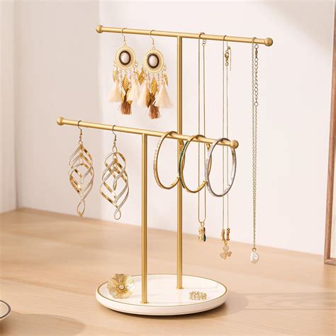 Josmimic Gold Jewelry Holder Stand With Ceramic Tray Small