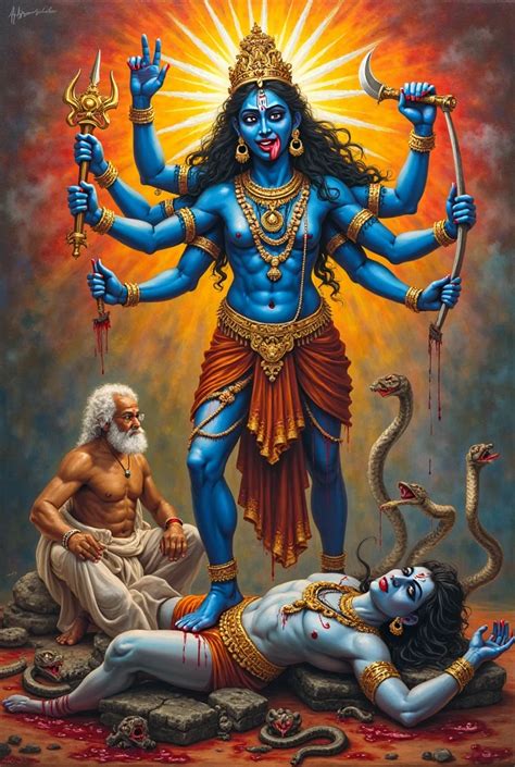 A Vibrant Painting Depicts The Hindu Goddess Kali A Figure Of Immense