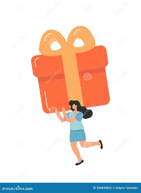 Cheerful Tiny Vector Woman Carrying Huge Present Box Overhead Female