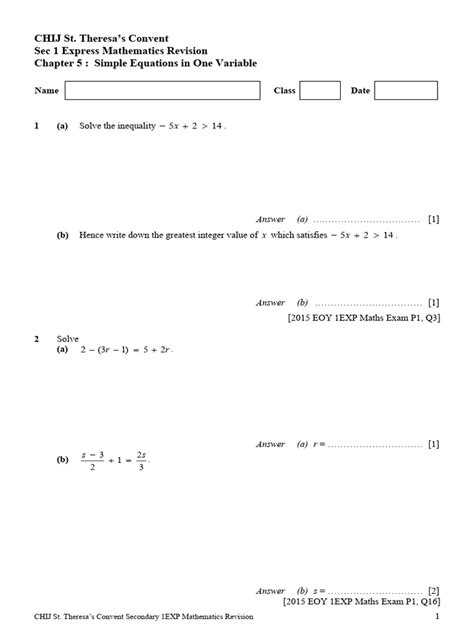 05 Simple Equations In One Variable 2015 2019 Pdf Variable