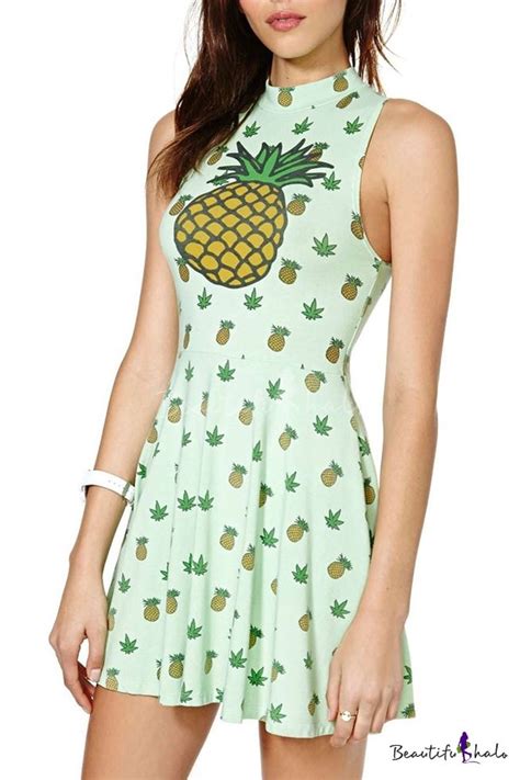 Green Pineapple Print High Neck Sleeveless Dress Pineapple Print