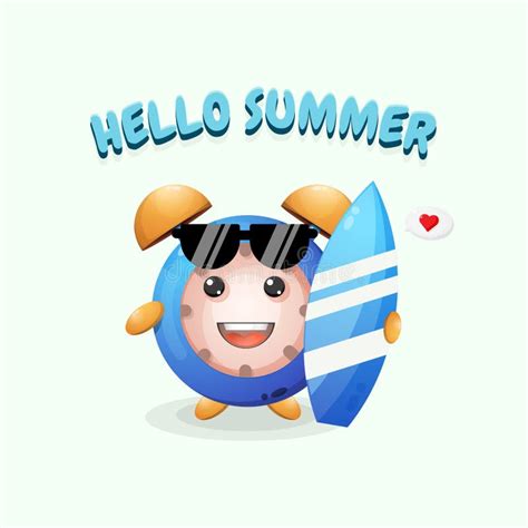 Cute Clock Mascot Carrying Surfboard In Summer Stock Vector Illustration Of Funny Happy