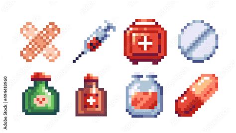 Vetor De Medical Icons Pixel Art Set First Aid Kit Remedy Pill