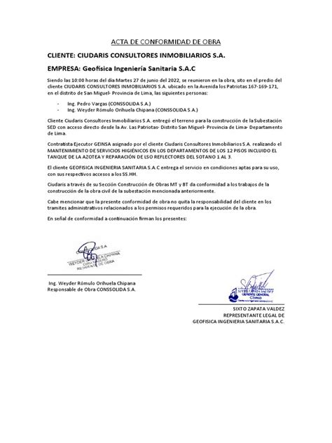 Acta De Conformidad De Obra Pdf
