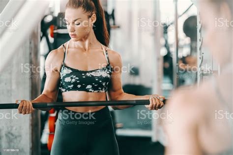 매력적인 백인 여성 보디 빌딩 체육관에 서 있는 동안 바 벨 리프팅 포니 테일 의 지 력 장애물을 알고 있다 바벨에 대한 스톡 사진 및 기타 이미지 Istock