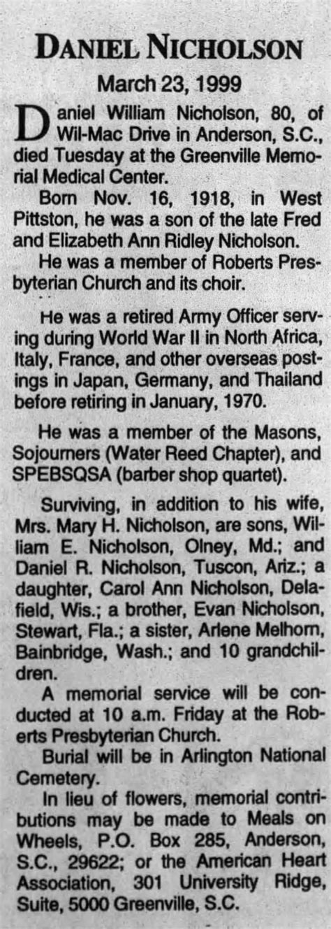 Obituary For Daniel Nicholson 1918 1999 Aged 80 ™