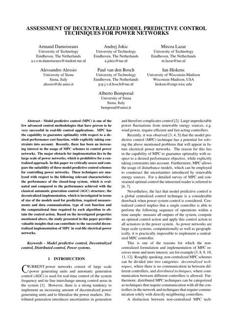Pdf Assessment Of Decentralized Model Predictive Control Techniques