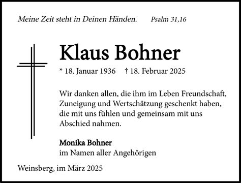 Traueranzeigen Von Klaus Bohner Trauerundgedenken De