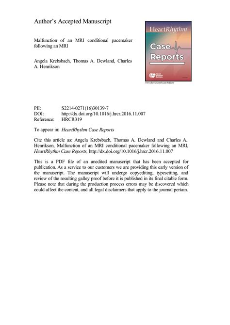 Pdf Malfunction Of An Mri Conditional Pacemaker Following An Mri