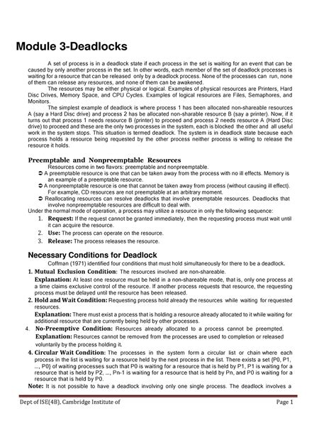 os module 3 2022 4b notes dept of ise 4b cambridge institute of page 1 module 3 deadlocks