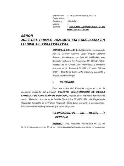 Modelo De Levantamiento De Medida Cautelar Por Prescripcion Pdf
