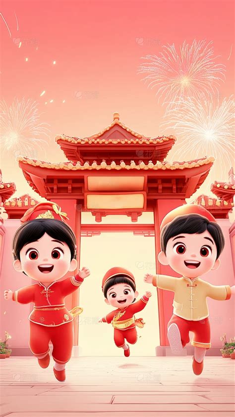 除夕and春节卡通3d新年过年场景烟花组合背景素材 花瓣网