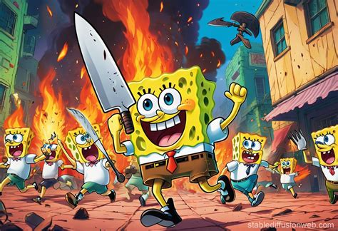Spongebob Fleeing From Angry Mob Stable Diffusion Online