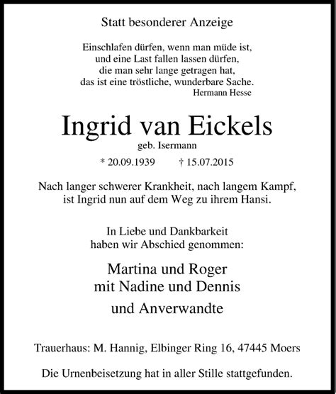 Traueranzeigen Von Ingrid Van Eickels Trauer In Nrwde