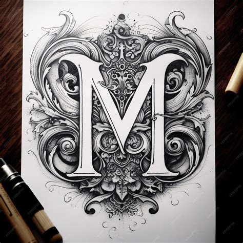 Vintage Alphabet Letter M Hand Drawn Font With Floral Ornament On Paper
