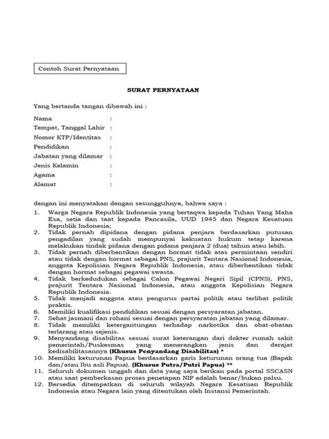 Format Surat Pernyataan Data Diri Pelamar Cpns Pdf