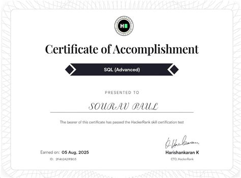 Earned Advanced Sql Certification From Hackerrank Sourav Paul Posted